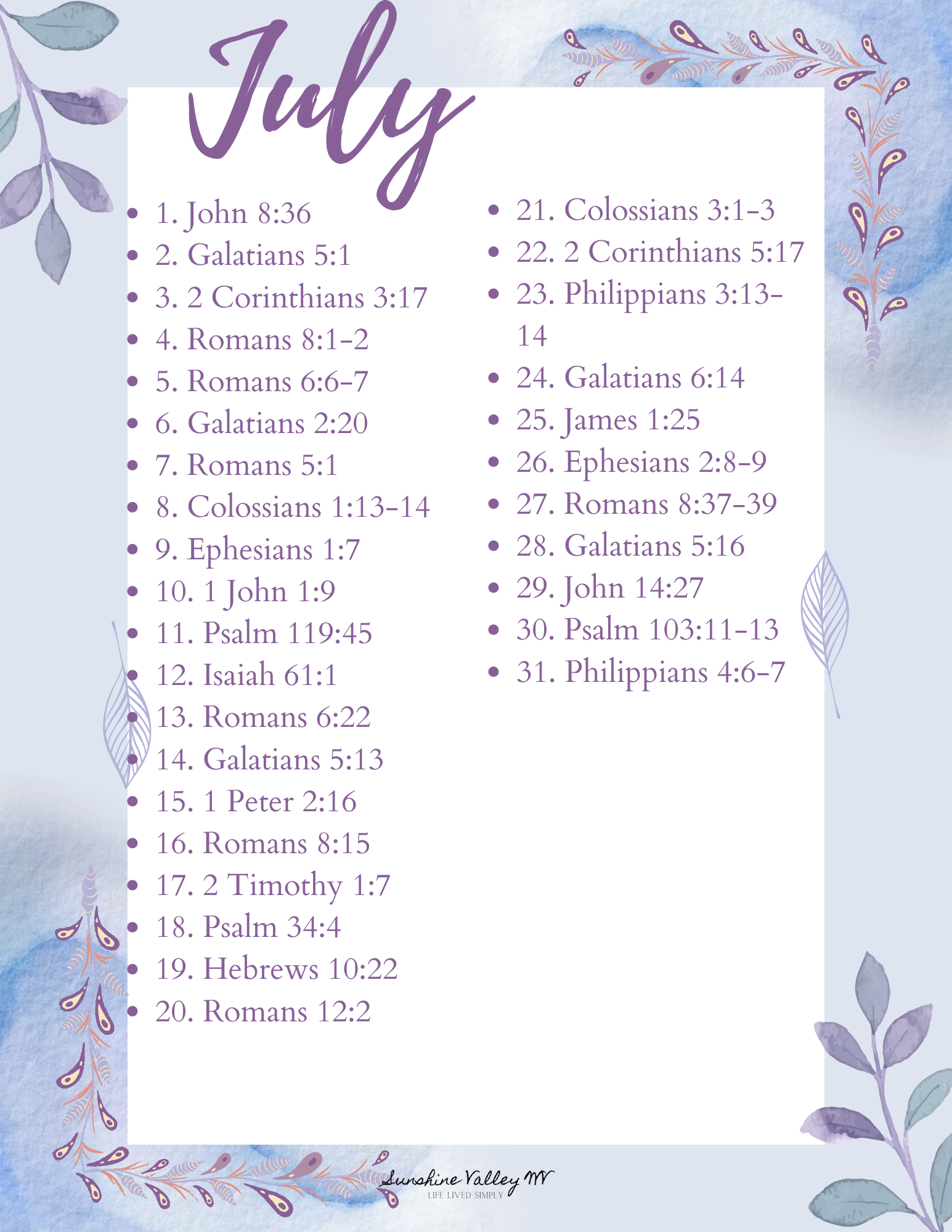 July 2025 Scripture Writing Plan: Freedom in Christ - Sunshine Valley