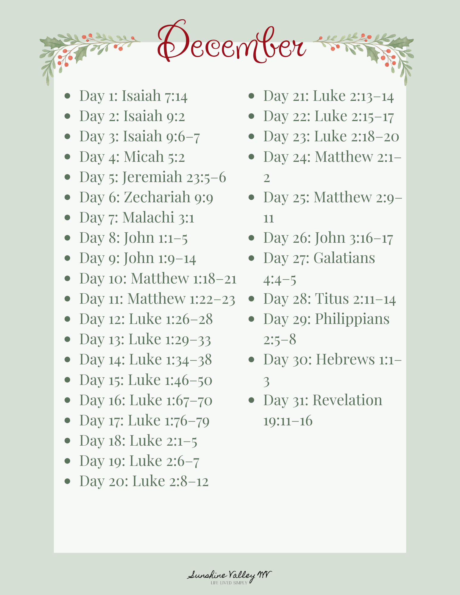 December 2025 Scripture Writing Plan: Awaiting the King - Sunshine Valley